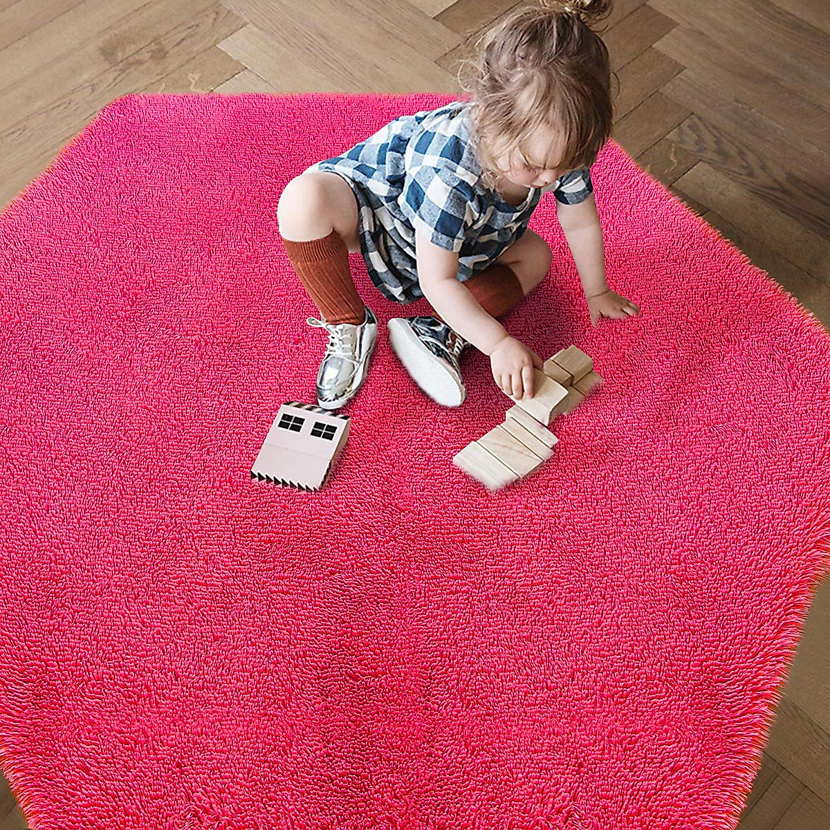 junovo Ultra Soft Rug for Nursery Children Room Baby Room Home Decor Dormitory Hexagon Carpet for Playhouse Princess Tent Kids Play Castle, Diameter 4.6 ft, Hot-Pink