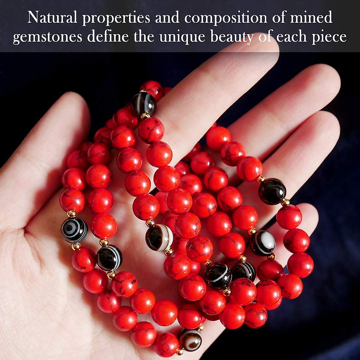 L&C Feng Shui Black Obsidian Beaded Bracelet - Women Mens 8MM Evil Eye Original Natural Crystal Onyx Relief Reiki Healing Stone Protection Strand Bracelet Bring Luck Prosperity Wealth (Red Howlite)