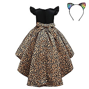 Flower Girl Leopard High Low Tutu Dress for Kids Baby Wedding Bridesmaid Pageant Party Formal Gown Toddler Princess Communion Birthday Dresses with Rainbow Sequins Ears Headwear Khaki 6-7 Years