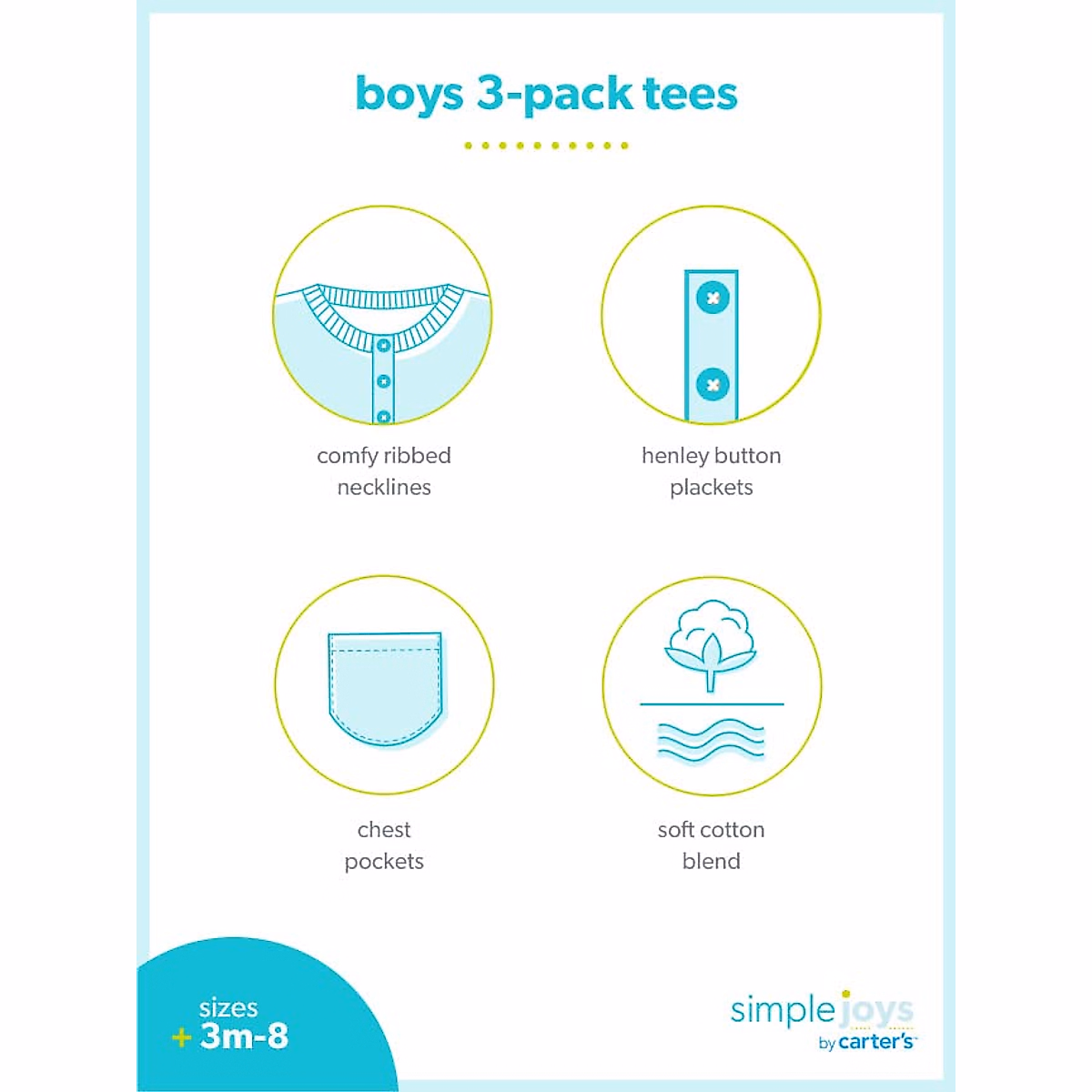 Simple Joys by Carter's Toddler Boys' Short-Sleeve Pocket Henley Tee Shirt, Pack of 3, Blue Heather/Grey Heather/Stripe, 3T