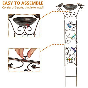LEWIS&WAYNE Garden Trellis Bird Bath Outdoor, 43.5 Inch Antique Iron Garden Plant Trellis Decorative with Dragonfly and Detachable Drinking Basin Bowl, Free Standing BirdBath Birdfeeder Station
