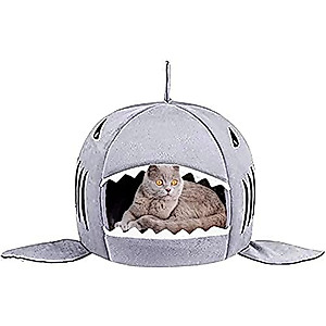 Cat Litter Hot Cat Mat Shark-Shaped House Warm Kennel Kitten Bed One Mat Two Usage Shark Bed for Small Cat Dog Cave Cozy Bed Removable （Light Grey）