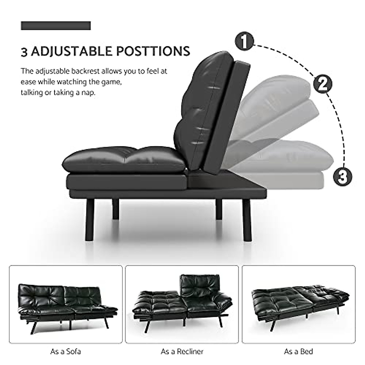 LIFERECORD Futon Bed Modern Convertible Sofa Memory Foam Daybed with Adjustable Armrests for Living Room Apartment Dorm, Black