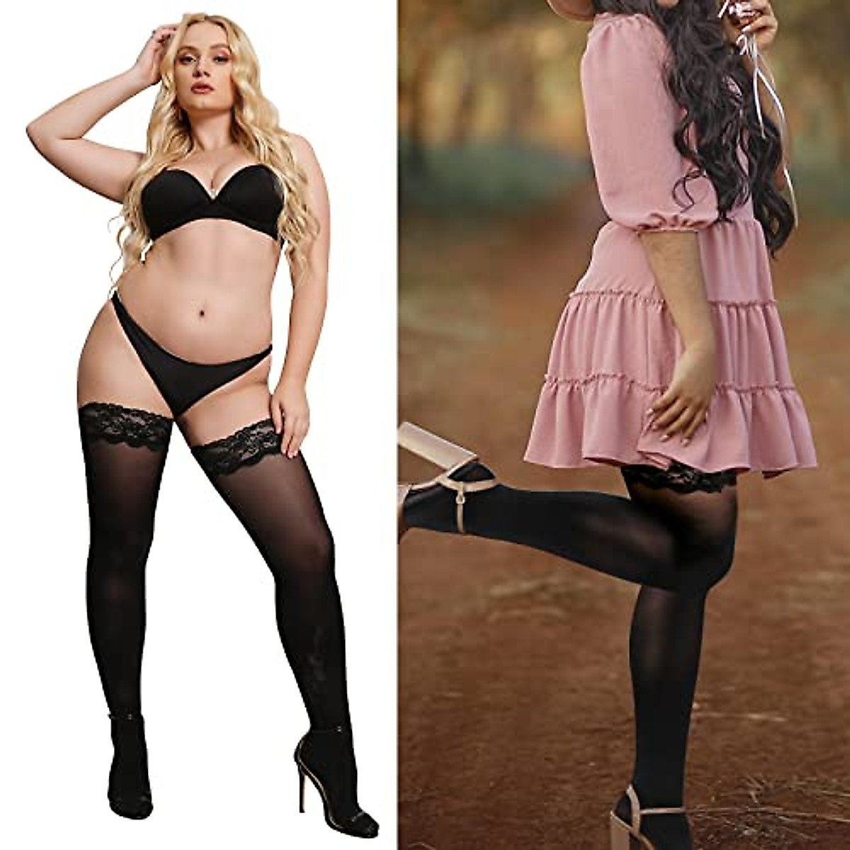 MANZI 2 Pairs Thigh High Stockings Plus Size Lingerie Pantyhose for Curve Women Black 3X-Large-4X-Large