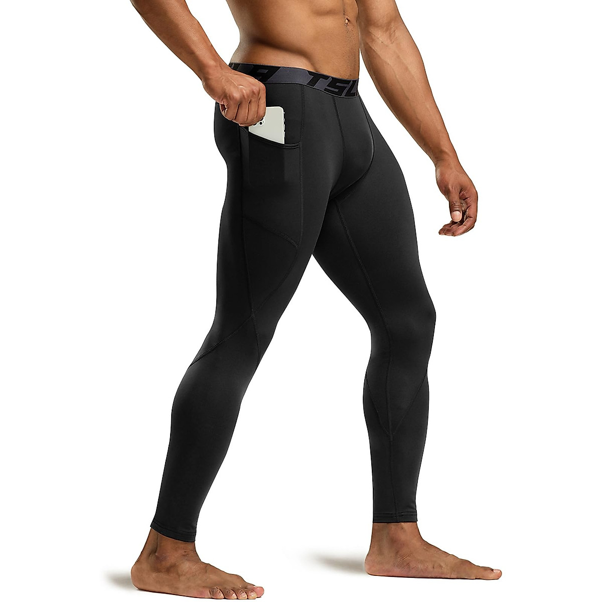 TSLA Men's Thermal Compression Pants, Athletic Sports Leggings & Running Tights, Wintergear Base Layer Bottoms, Pocket Black, Large