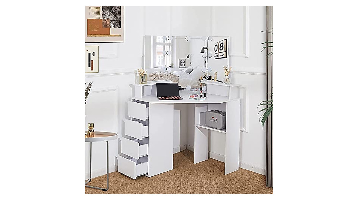 Corner Vanity Desk with Lighted Mirror | 42-Inch Makeup Table with Lights