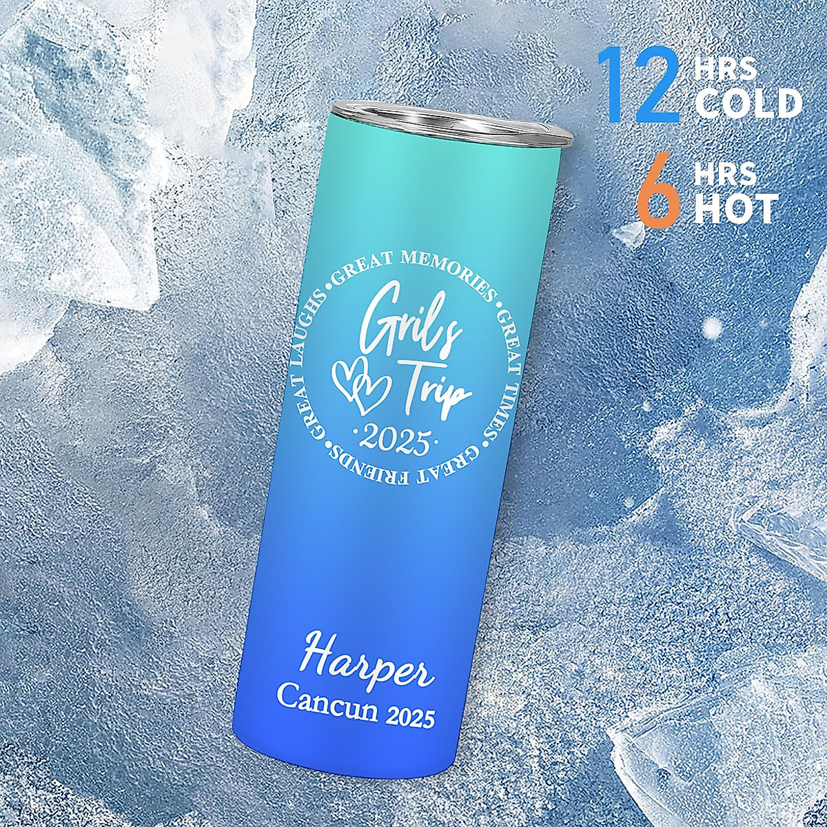 Personalized Girls Trip Tumbler, Custom Beach Vacation Tumbler with Name, Girls Trip Cups, 20 oz Skinny Tumbler with Lids and Straws, 2025 Girl Weekend Gift, Bachelorette Trip Gifts