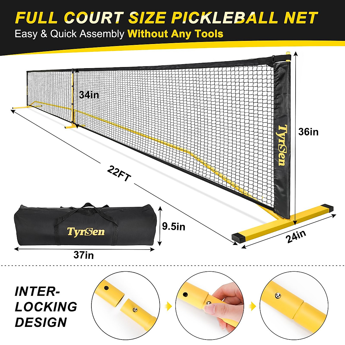 TYRSEN Pickleball Set with Net, 22FT USAPA Regular Size Portable Pickleball Net System for Driveway Backyard, 4 Paddles & 6 Balls, Strong PE Net and Steady Steel Frames for Indoor Outdoor