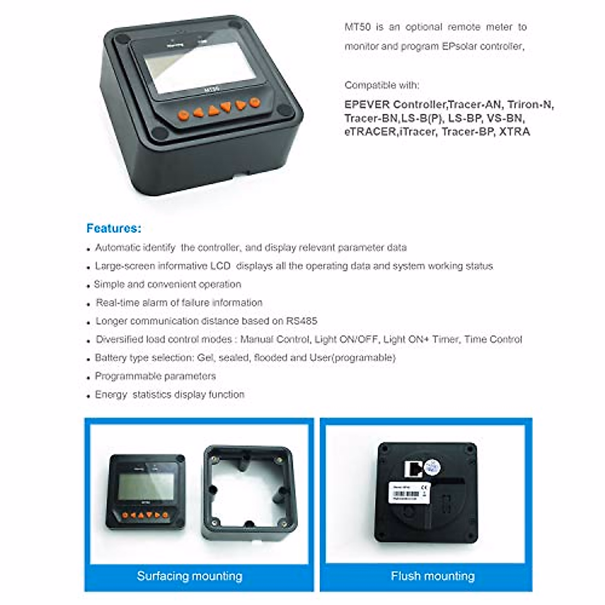 EPEVER MPPT Solar Charge Controller 30A 12V 24V Auto Tracer3210AN + Remote Meter MT50 + RTS Common Negative Ground Solar Panel Regulator for Lead-Acid Lithium Battery (30A + MT50+RTS)