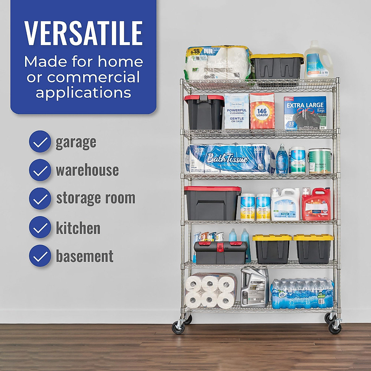 SafeRacks NSF Certified Storage Shelves, Heavy Duty Steel Wire Shelving Unit with Wheels and Adjustable Feet, Used as Pantry Shelf, Garage or Bakers Rack Kitchen Shelving - (18"x48"x72" 6-Tier)