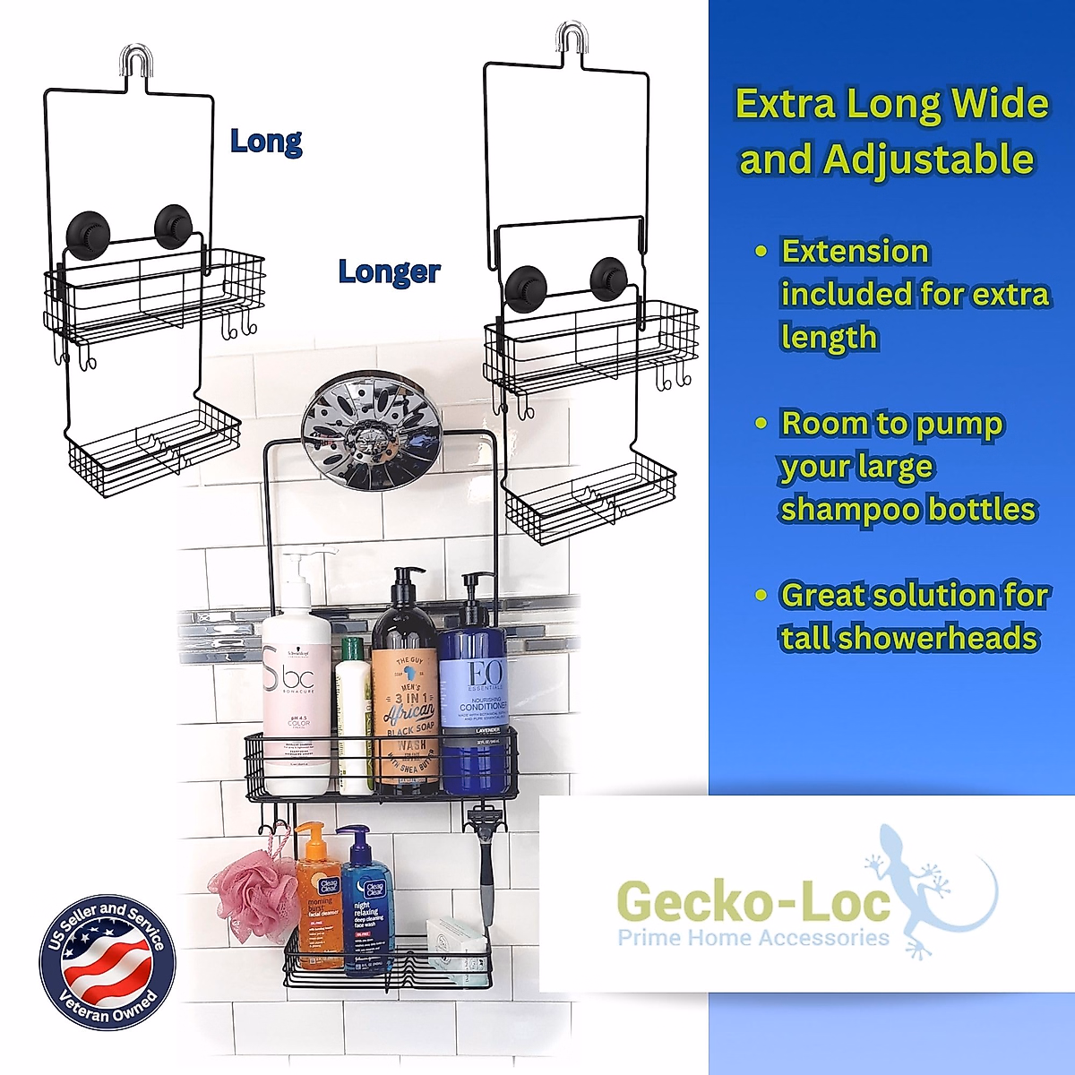 Gecko-Loc Extra Long Wide Adjustable Length over the showerhead hanging shower caddy organizer - for Shampoo, Soap, & Razors - Black