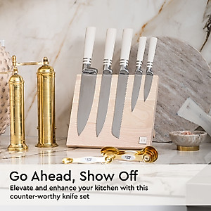 White Knife Set with Magnetic Knife Holder Stand - 6 PC White Magnetic Knife Set Includes White Handle Knife Set with Ashwood Magnetic Knife Block - White Kitchen Accessories, White Kitchen Decor