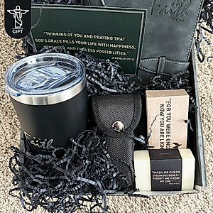 DEHITE Christian Gifts for Men - Religious Basket Inspirational Present - Insulated Tumbler - Notebook - Multitool Pocket Knife - Christmas Gift Birthday Box for Father