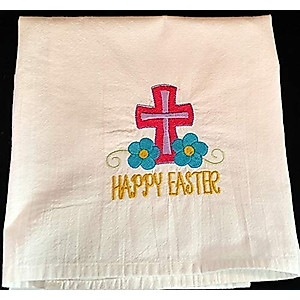 Easter embroidered tea towel, cross with flowers, flour sack towel, dish towel, spring kitchen decor