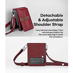 GOOSPERY Wallet Case Compatible with Galaxy Z Flip 3, Detachable Card Holder 2 Card Pocket Storage Premium PU Leather Adjustable Cross-Body Strap Attached Earbud Cord Organizer (Burgundy)