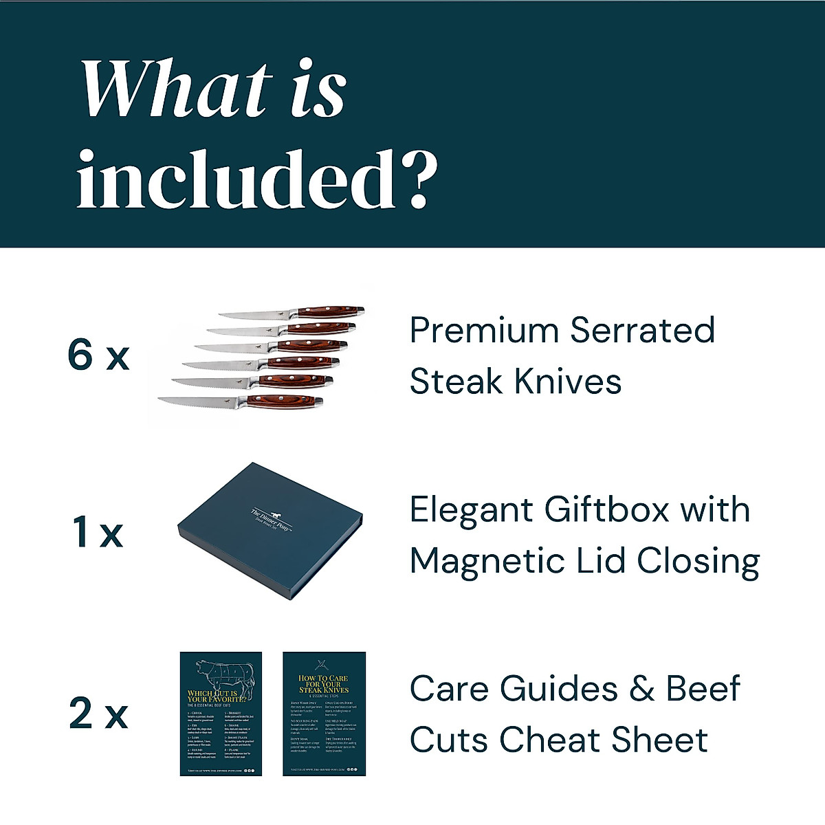 The Dinner Pony Serrated Steak Knives Set of 6 - Wooden Handle, Full Tang and Triple Riveted Design in Gift Box - Pakka Wood and High Carbon Stainless Steel