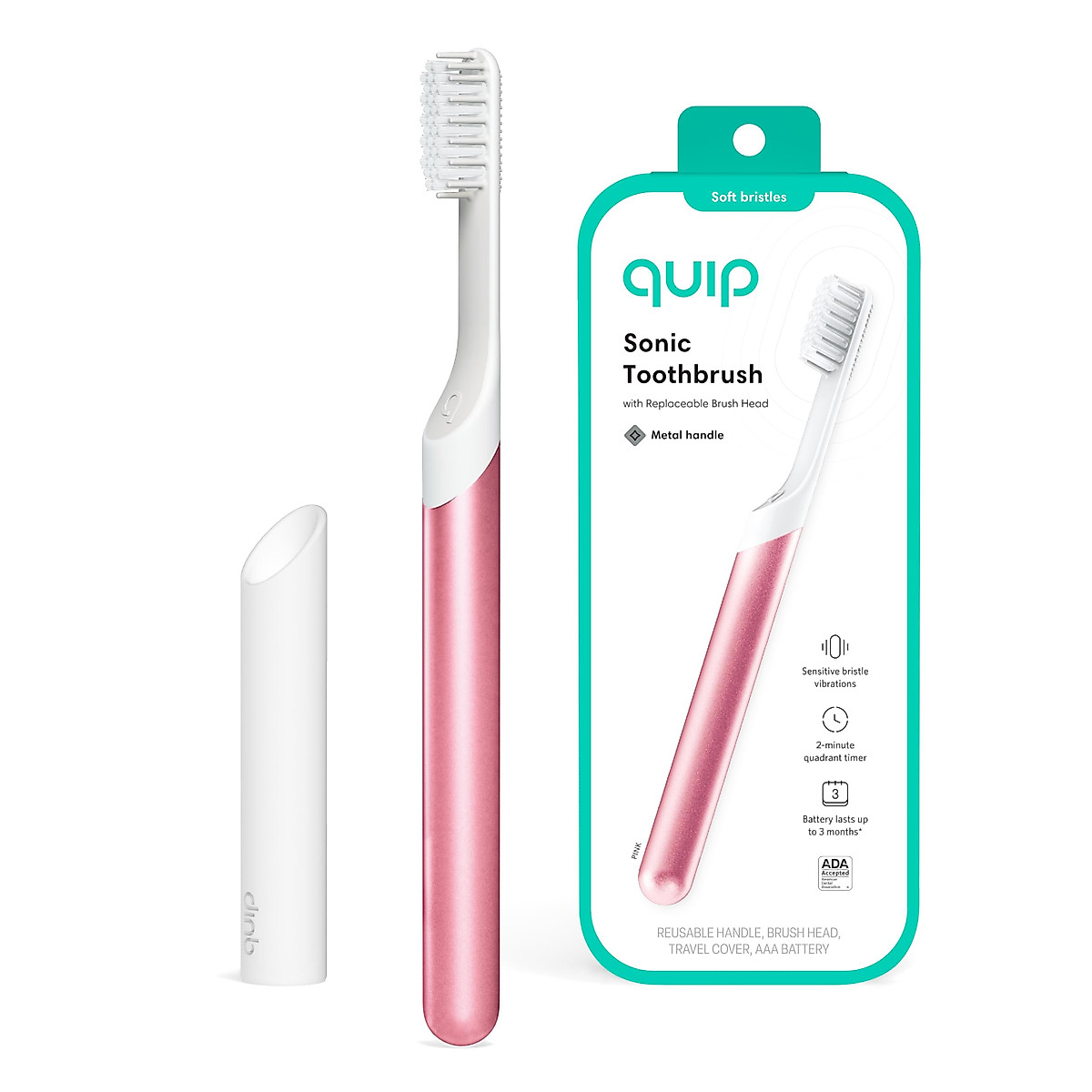 Quip Sonic Toothbrush for Adults - Timed Electric Toothbrush with Cover - Replaceable Brush Head, Soft Bristles, Metal Handle, 3 Month Battery Life - Travel Toothbrush - Pink