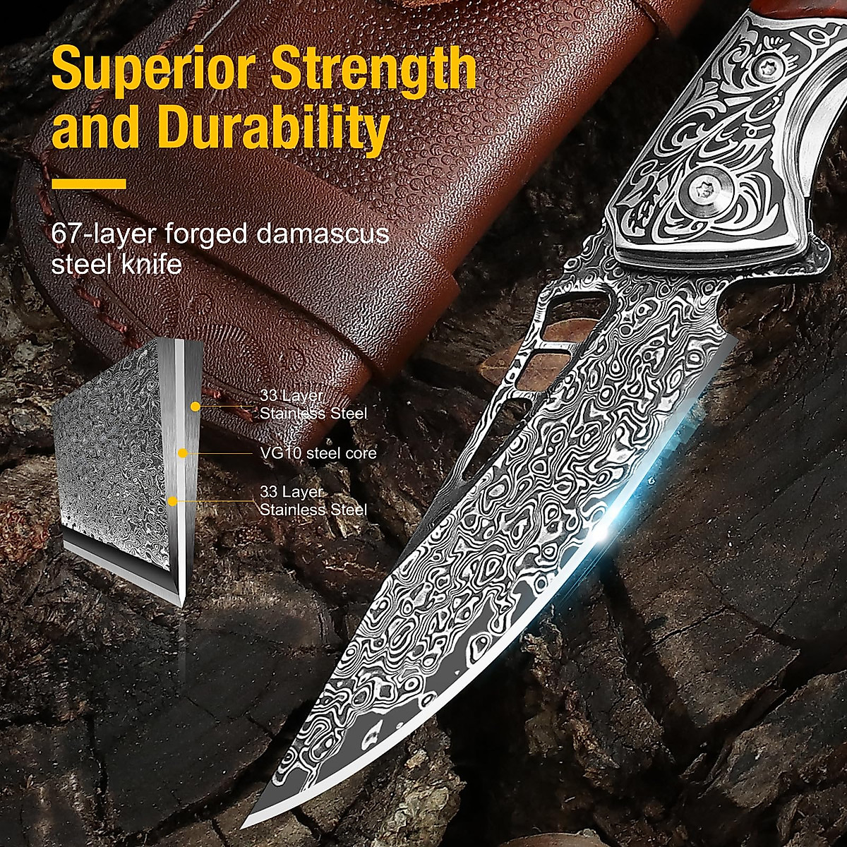 DRACHENADER Handmade Damascus Pocket Knife with Clip Vg10 67-Layers Real Damascus Steel Folding Knife with Liner Lock Japanese Style for Men, Wooden Handle