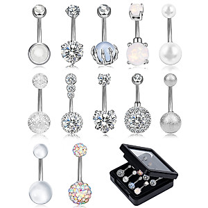 ONESING 12 Pcs 14G Belly Button Rings for Women CZ Opal Navel Rings Belly Barbells Stainless Steel Body Piercing Jewelry