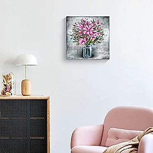 StrLon Bathroom Wall Decor Floral Canvas Wall Art Pink Flower in Blue Bottle Hand Painted Artwork for Kitchen Bedroom Office Ready to Hang Size 14"X14"