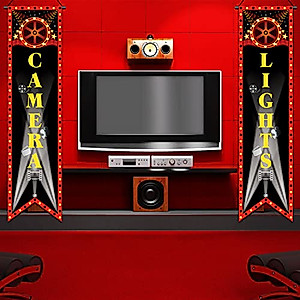 3Pcs Movie Night Porch Sign Banner Movie Theme Party Decorations Movie Theater Welcome Now Showing Lights Camera Action Hanging Porch Sign for Home Film Backdrop Party Supplies