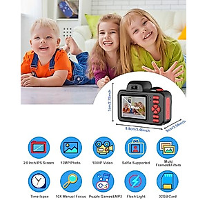 GREENKINDER Upgrade Kids Camera Christmas Birthday Gifts for Boys Girls Age 3-12, Children Digital Video Cameras with Flash, 2 Inch Screen Selfie Camcorder HD 1080P Video 32GB Black