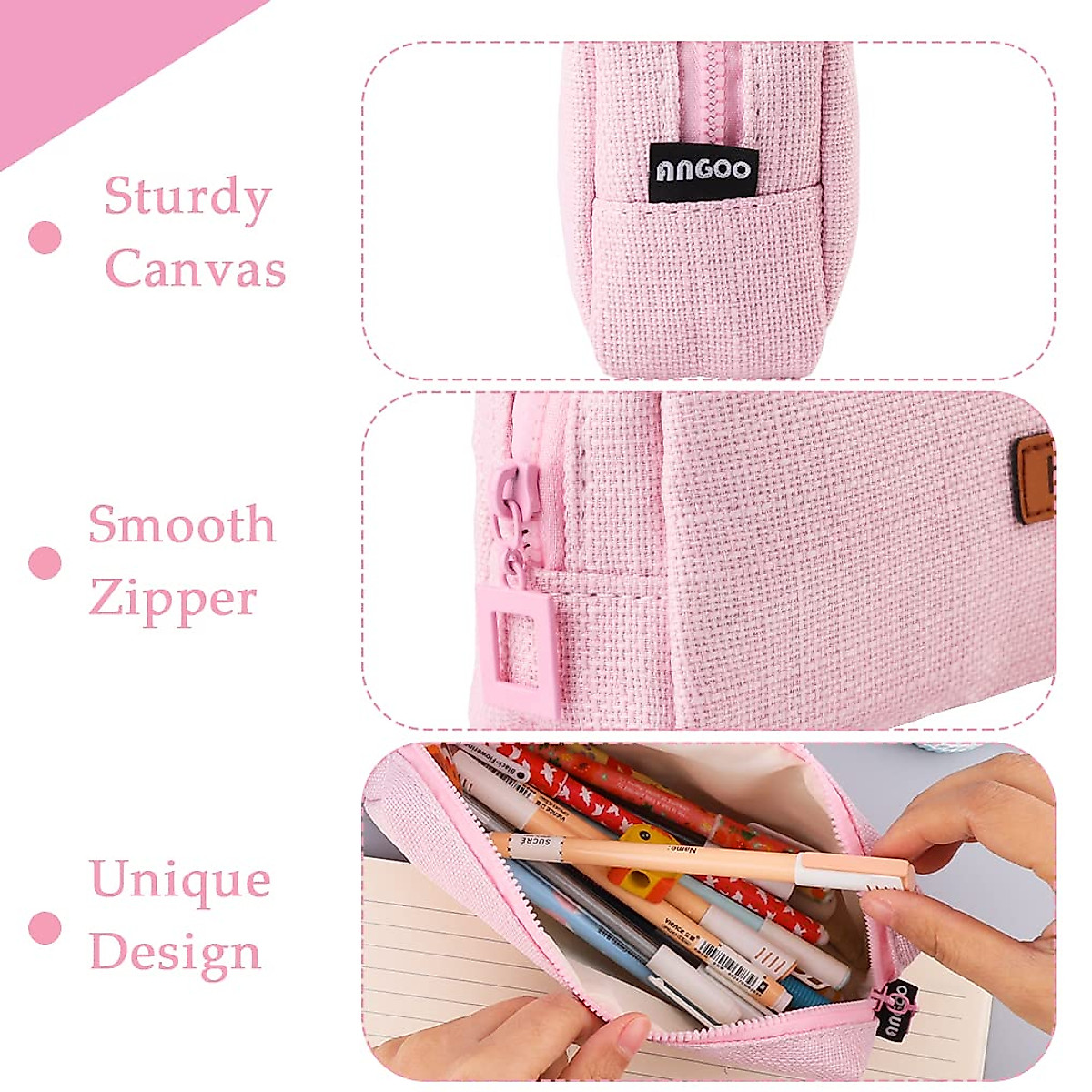 Oyachic Small Pencil Case Zipper Coin Pouch Canvas Pen Holder Marker Cosmetic Makeup Bag for Office Compact Adult Business,Pink