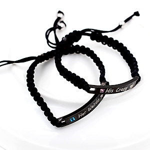 Uloveido 2pcs His Crazy Her Weirdo Bracelets Set for Couples Handmade Braided Black String Couples Bracelets for Boyfriend Girlfriend Men Women Birthday Valentine's Day Gift Y781