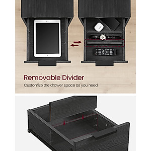 VASAGLE Side Table with Charging Station, Narrow End Table with 2 Drawers, Slim Nightstand and Bedside Table with Storage, for Small Spaces, Black ULET321B22