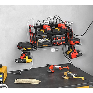 CCCEI Garage Tools Storage with Charging Station. Power Tool Battery Organizer Utility Shelf with Power Strip. 4 Drills Holder Wall Mount Rack, Black.
