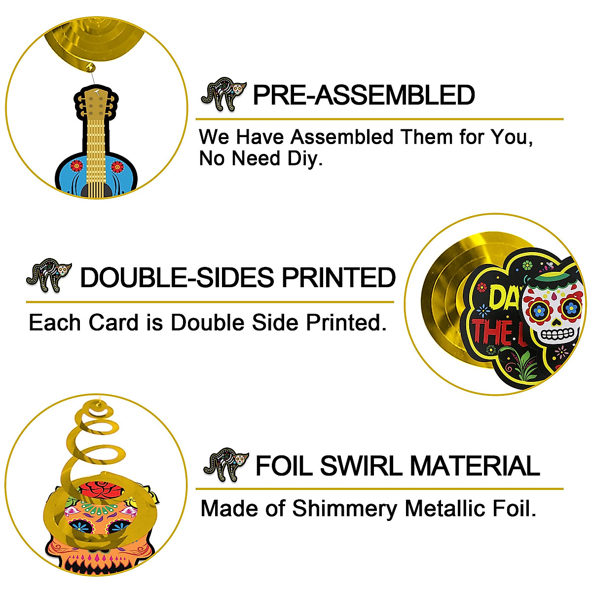 Tifeson Día de Los Muertos Decorations Hanging Swirls - 36 Pcs Mexican Day of The Dead Sugar Skull Ceiling Swirls for Coco Theme Party, Cinco de Mayo, Halloween Sugar Skull Party Decorations Supplies