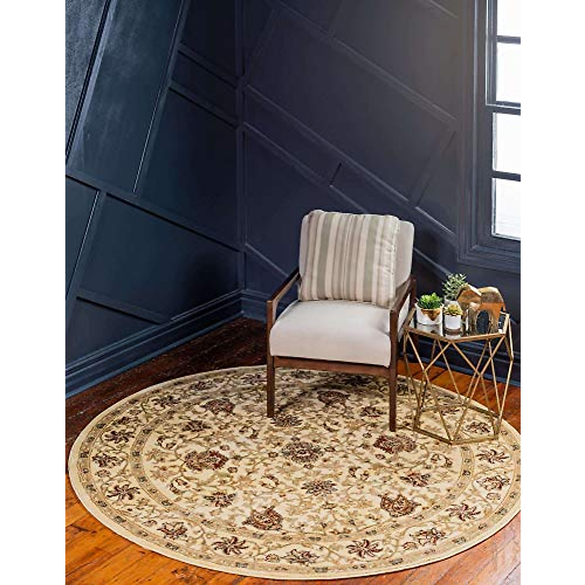 Unique Loom Voyage Collection Traditional Oriental Classic Intricate Design Area Rug, Round 6' 1" x 6' 1", Ivory/Tan