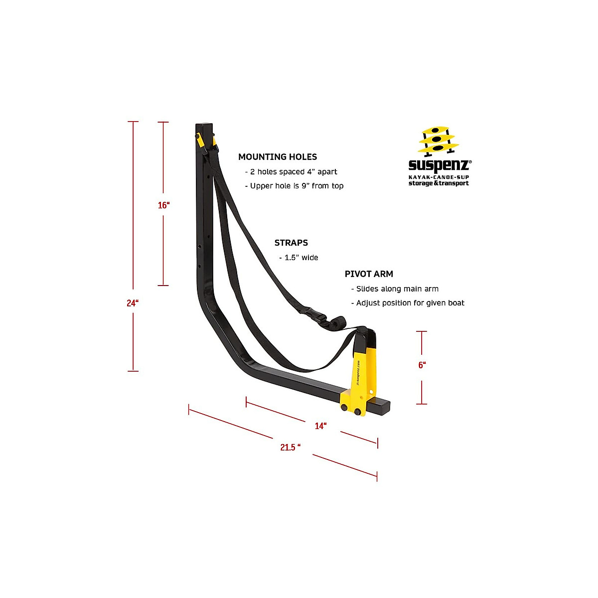 Suspenz Deluxe Kayak Canoe SUP Storage Rack, Adjustable Wall Hangers/Hooks, Indoor & Outdoor Use, Safety Straps, Stores Boats Up to 125 lbs (11-0111)