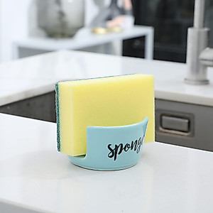 MyGift 3 Inch Small Modern Aqua Blue Glazed Ceramic Sink Sponge Dish with Black Cursive Lettering"Sponge" Label, Kitchen Dishwashing Scrubber Holder Caddy