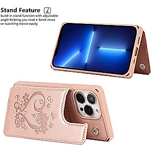 iCoverCase for iPhone 13 Pro Phone Case with Card Holder, iPhone 13 Pro Wallet Case for Women with Strap, RFID Blocking Embossed Leather Kickstand Case for iPhone 13 Pro 6.1 Inch (Heart Rose Gold)