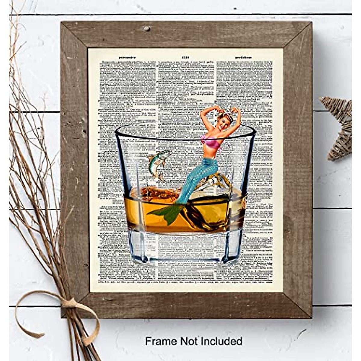 Bar Man Cave Mermaid Decor - Scotch Whiskey Wall Art - Fish Wall Decor for Men, Guys - Funny Alcohol Drinking Decor - 8x10 Dictionary Art Picture Poster - Home Office Decor