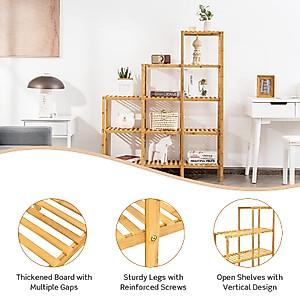 Giantex 5 Tier Bamboo Shelf, Cube Storage Organizer w/ 9 Cubes, Bamboo Bathroom Shelf, Multipurpose Storage Organizer Display Plant Stand for Home Office Living Room Balcony