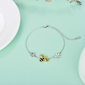 LONAGO 925 Sterling Silver Bumblebee Queen Honey Bee Honeycomb Sunflower Bracelet Daisy Jewelry Adjustable Link Chain Gift for Women Mom