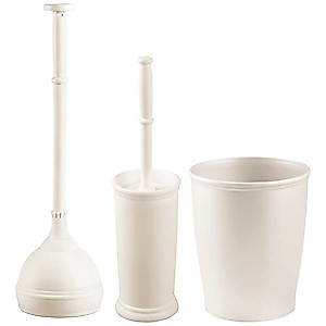 mDesign Plastic Modern Bathroom Storage and Cleaning Accessory Set - Includes Toilet Plunger, Bowl Brush, Wastebasket Trash Can/Garbage Bin - 3 Pieces - Hyde Collection - Cream/Beige