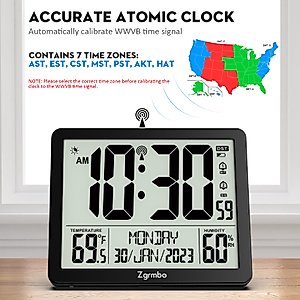 Zgrmbo Night Light Atomic Clock, Battery Operated Digital Clock, Alarm Clock for Bedrooms, Desk Clock with Indoor Temp, Humidity, Date, Accurate Atomic Clock(7 Time Zone) for Bedroom, Travel