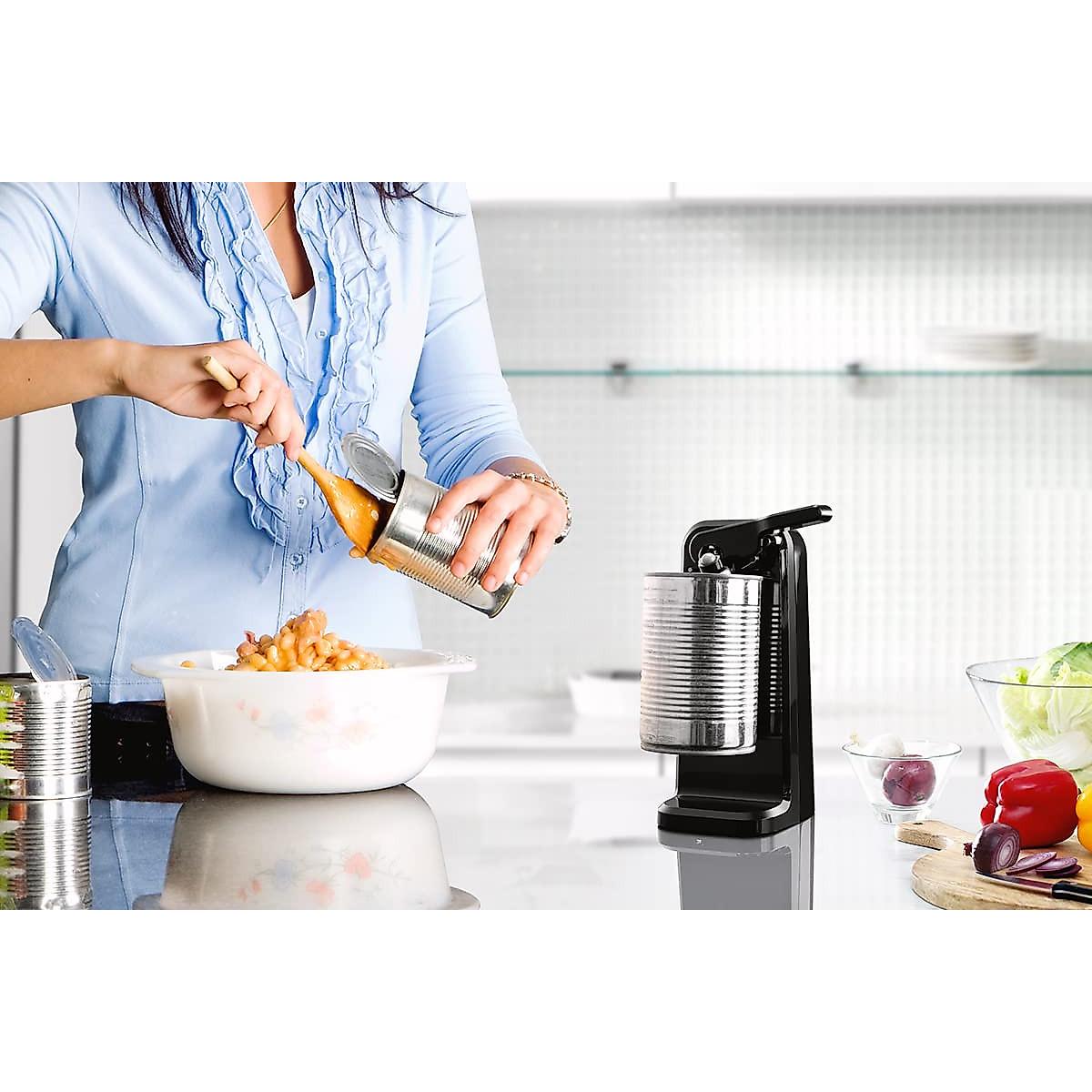 Holstein Housewares Electric Automatic Can Opener with Auto Shutoff, Push Down Lever to Easily Opens All Standard-Size and Pop-Top Cans, Black