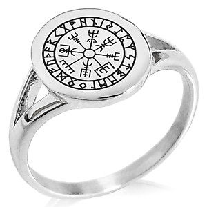 Tioneer Stainless Steel Icelandic Vegvisir Viking Rune Symbol Minimalist Oval Top Polished Statement Ring, Size 7