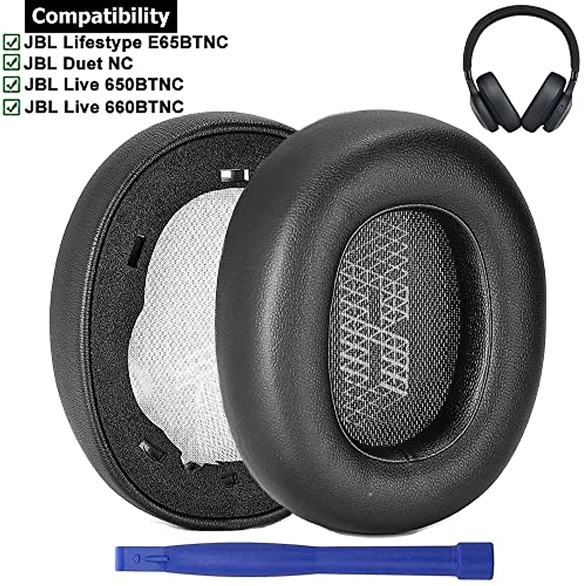 Live 650 BTNC Ear Pads, Replacement Protein Leather Earpads Memory Foam Ear Cushions Pads for JBL Lifestyle E65BTNC Live 650BTNC Tune 660BTNC Duet NC Noise-Cancelling Headphones - Leather Black