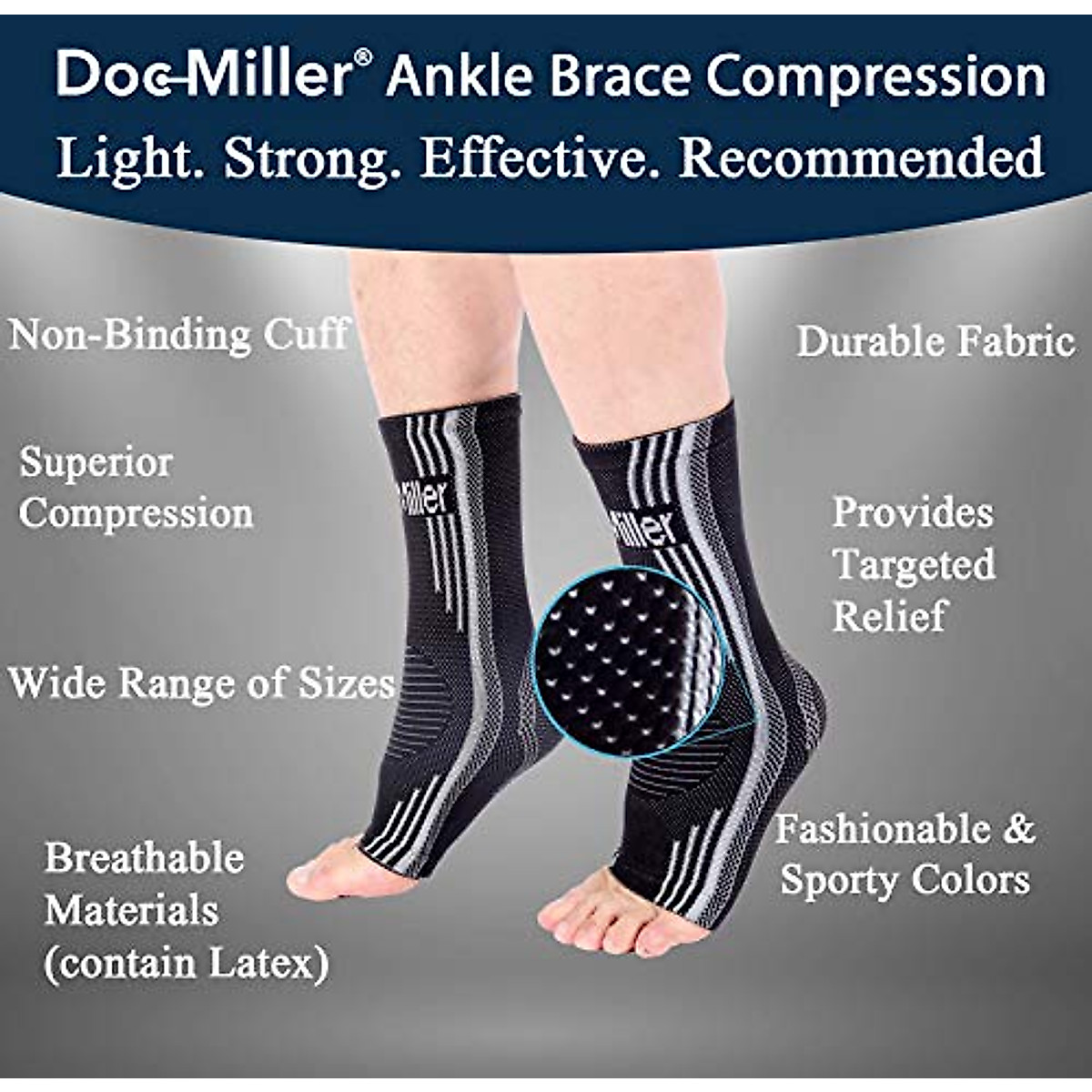 Doc Miller - Ankle Brace for Sprained Ankles, Achilles Tendonitis, Compression Support Sleeves for Women & Men, Best Brace for Pain Relief, Stability & Plantar Fasciitis Sock, 1 Pair, Gray, X-Large