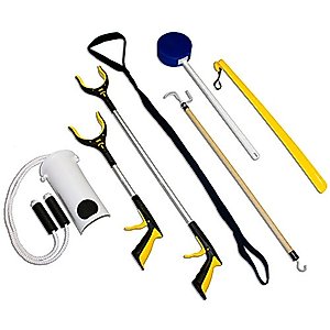 RMS Premium 7-Piece Hip Knee Replacement Kit with Leg Lifter, 19 and 32 inch Rotating Reacher Grabber, Long Handle Shoe Horn, Sock Aid, Dressing Stick, Bath Sponge - for Knee or Back Surgery Recovery