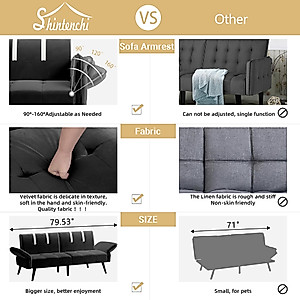 Shintenchi Futon Sofa Bed Modern Folding Sleeper Couch Bed for Living Room,Velvet Loveseat Sofa Couch Sofa cama for Apartments Office Small Spaces,w/Adjustable Armrests Backrest,Black