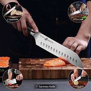 TUO 8 Pcs Chef Knife Set - Professional Knife Block Set Sharpener Steel, German Stainless Steel Ergonomic Pakkawood Handle with Gift Box, Fiery Phoenix Series - Black