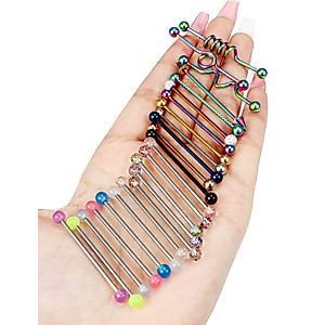 Goerhsjie 14g 14 Gauge Long Bar Industrial Piercing Jewelry Rainbow Barbell Earrings for Women Surgical Stainless Silver Steel