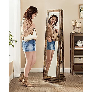 SONGMICS 360° Swivel Jewelry Cabinet, Lockable Jewelry Organizer with Full-Length Mirror, Rear Storage Shelves, Built-in Small Mirror, Jewelry Armoire, for Women, Rustic Brown UJJC006X01