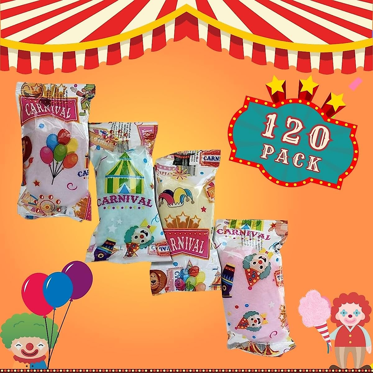 Lupy Lups! Cotton Candy Bags Carnival Desing - Assorted Flavors- Individual Package Big Bulk 0.53 oz each - Pastel Candy for Stocking, Treats, Party Favors, Buffet table Pinata (Carnival 120 Pack)